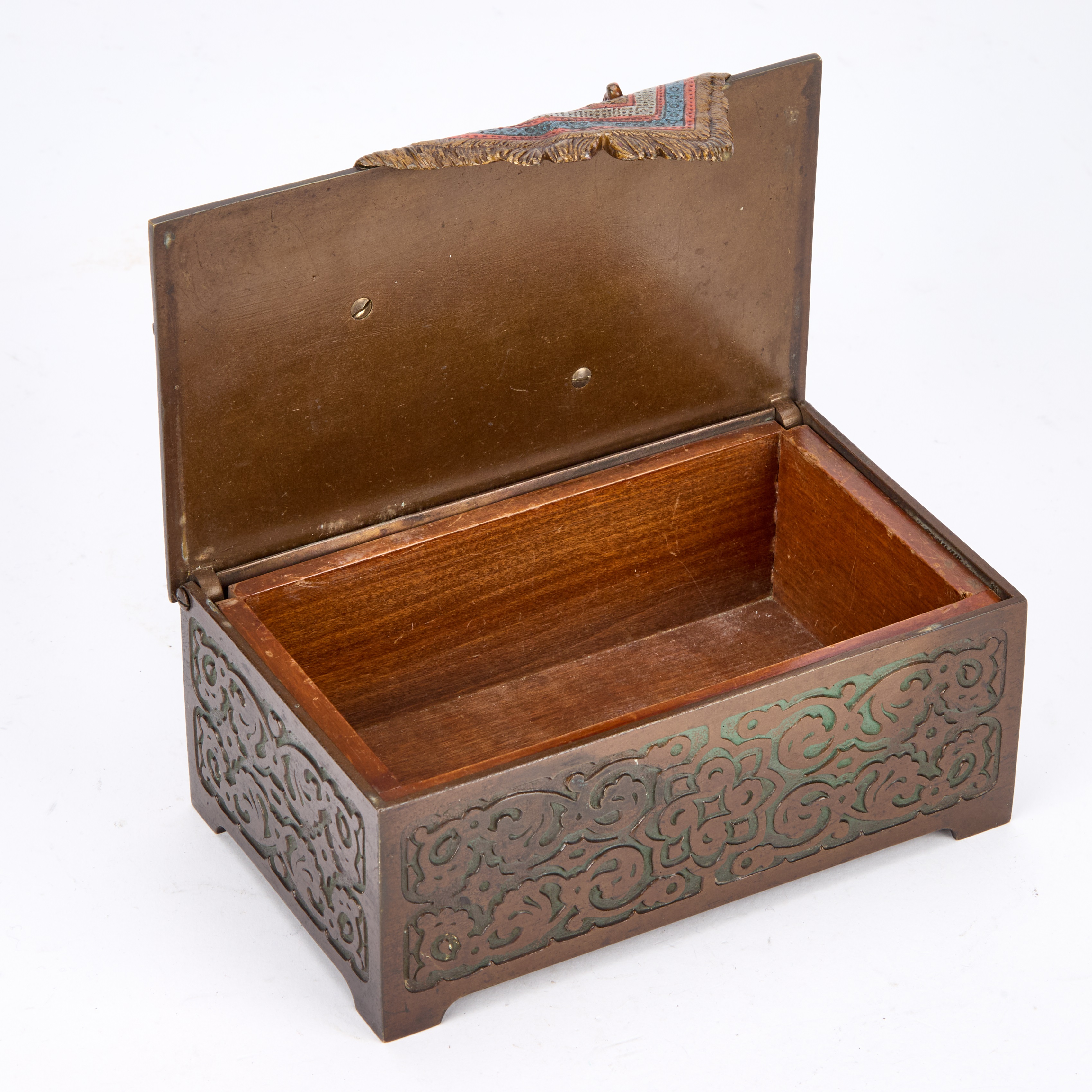 Lot 1043 - AN AUSTRIAN BRONZE CIGARETTE BOX MOUNTED